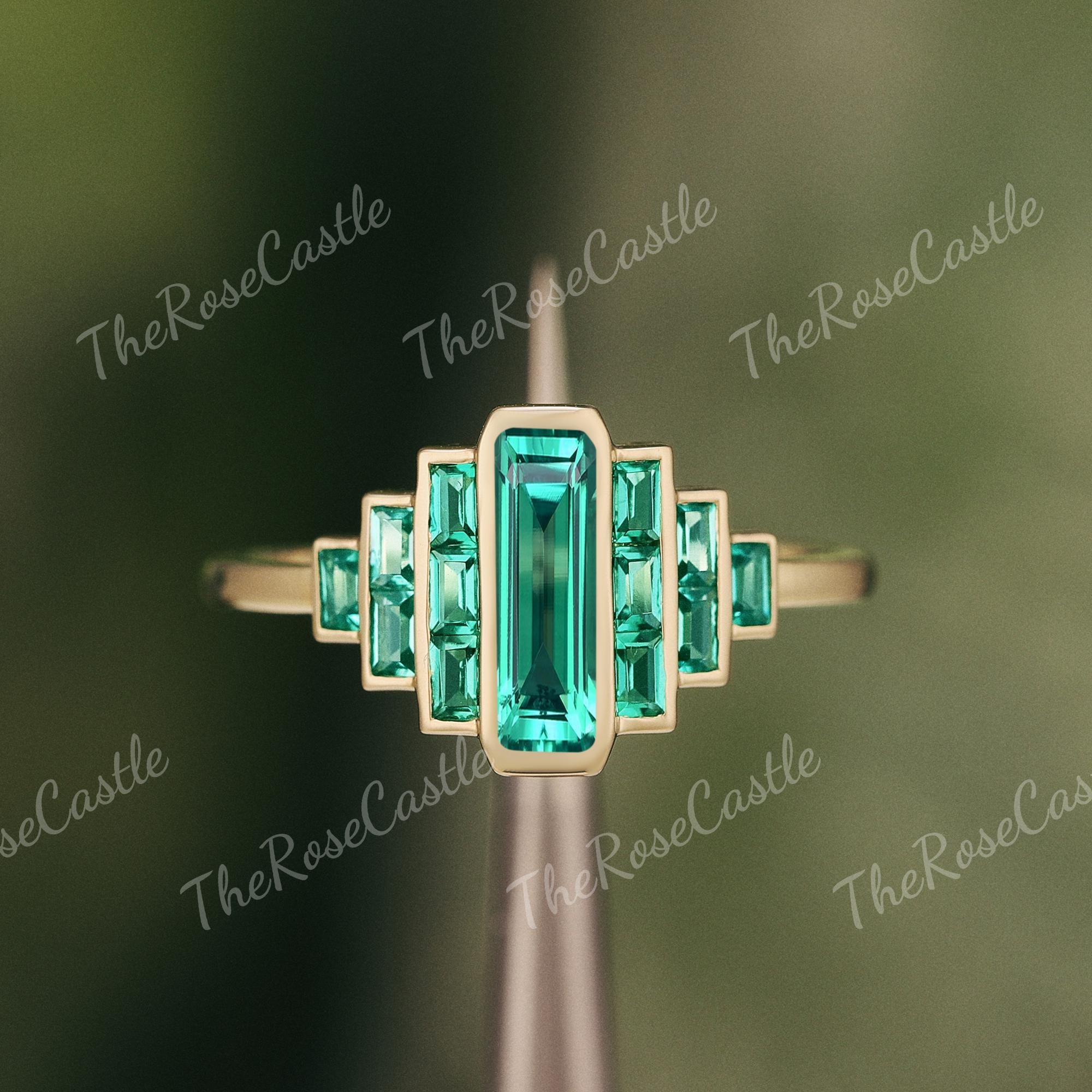 Bezel Setting Emerald Engagement Ring Solid Gold Baguette Cut Emerald ...