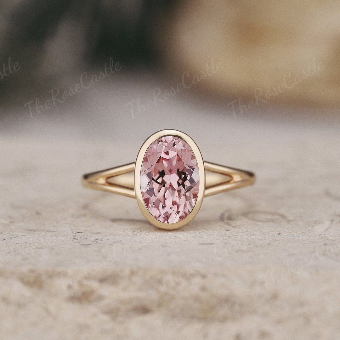 Oval Cut Peach Sapphire Engagement Ring Unique Sapphire Ring Bezel Gold ...