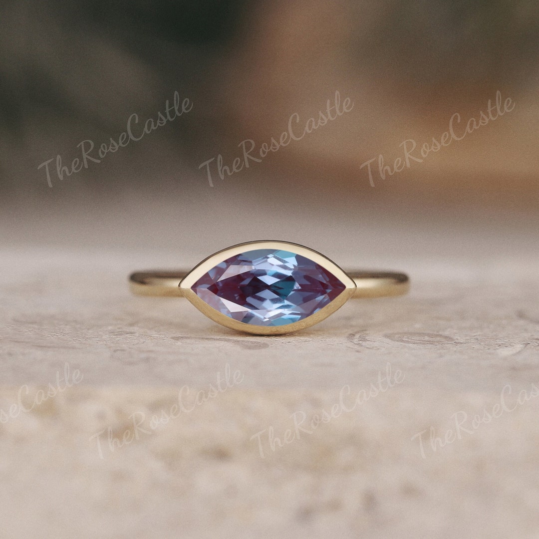 Unique Marquise Alexandrite Engagement Ring Minimalist Solid Gold Rings ...