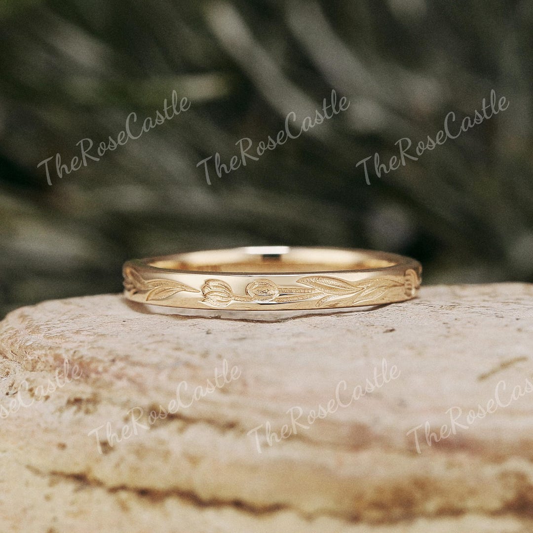 Nature Inspired Tulip Engraving Wedding Band Unique Leaf Engraving ...