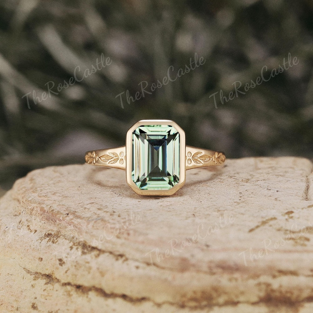 Emerald Cut Green Sapphire Engagement Ring Solid Gold Nature Inspired Leaf Teal Sapphire Ring ...