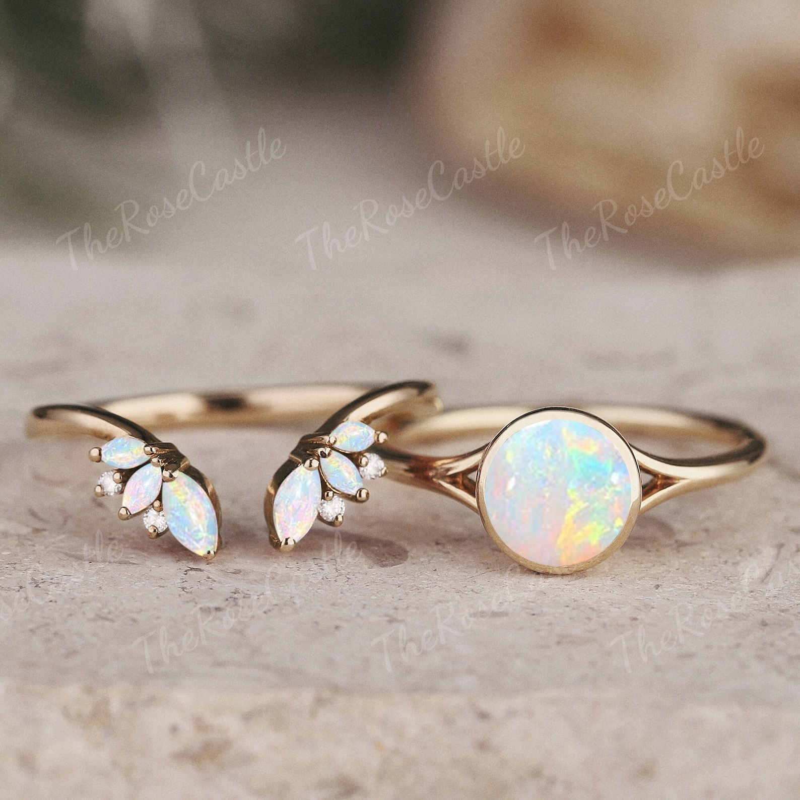 Unique Round Opal Engagement Ring Set Vintage Rainbow Opal - Etsy