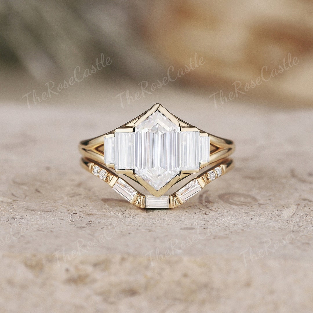 Unique Bezel Set Ring Hexagon Cut Moissanite Engagement Ring Set ...