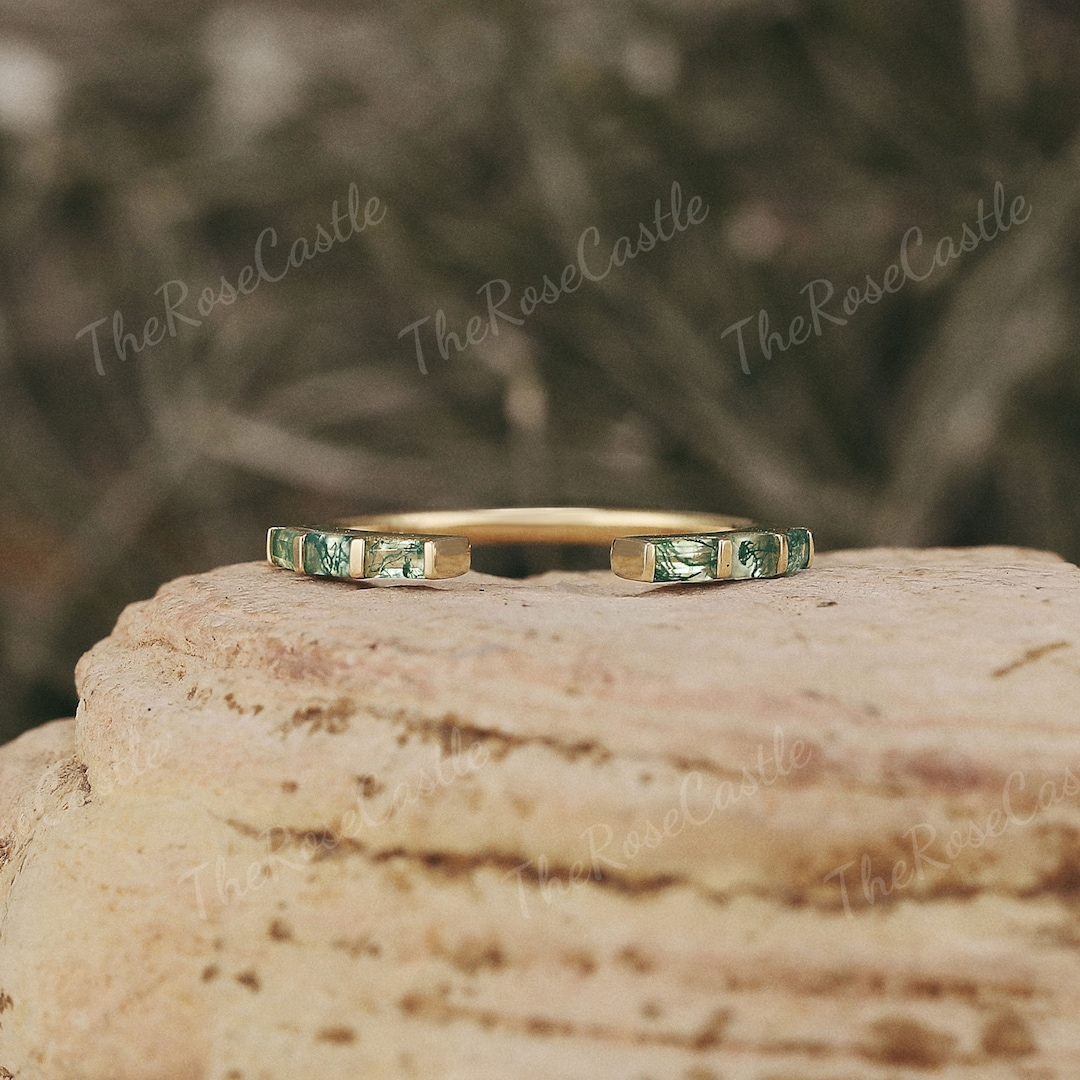 Open Moss Agate Ring Baguette Cut Moss Agate Wedding Band Solid Gold ...