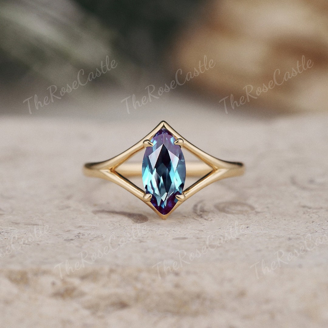 Marquise Alexandrite Engagement Ring Unique Ring Yellow Gold Engagement ...
