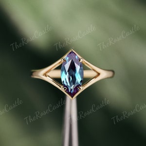 Marquise Alexandrite Engagement Ring Unique Ring Yellow Gold Engagement ...