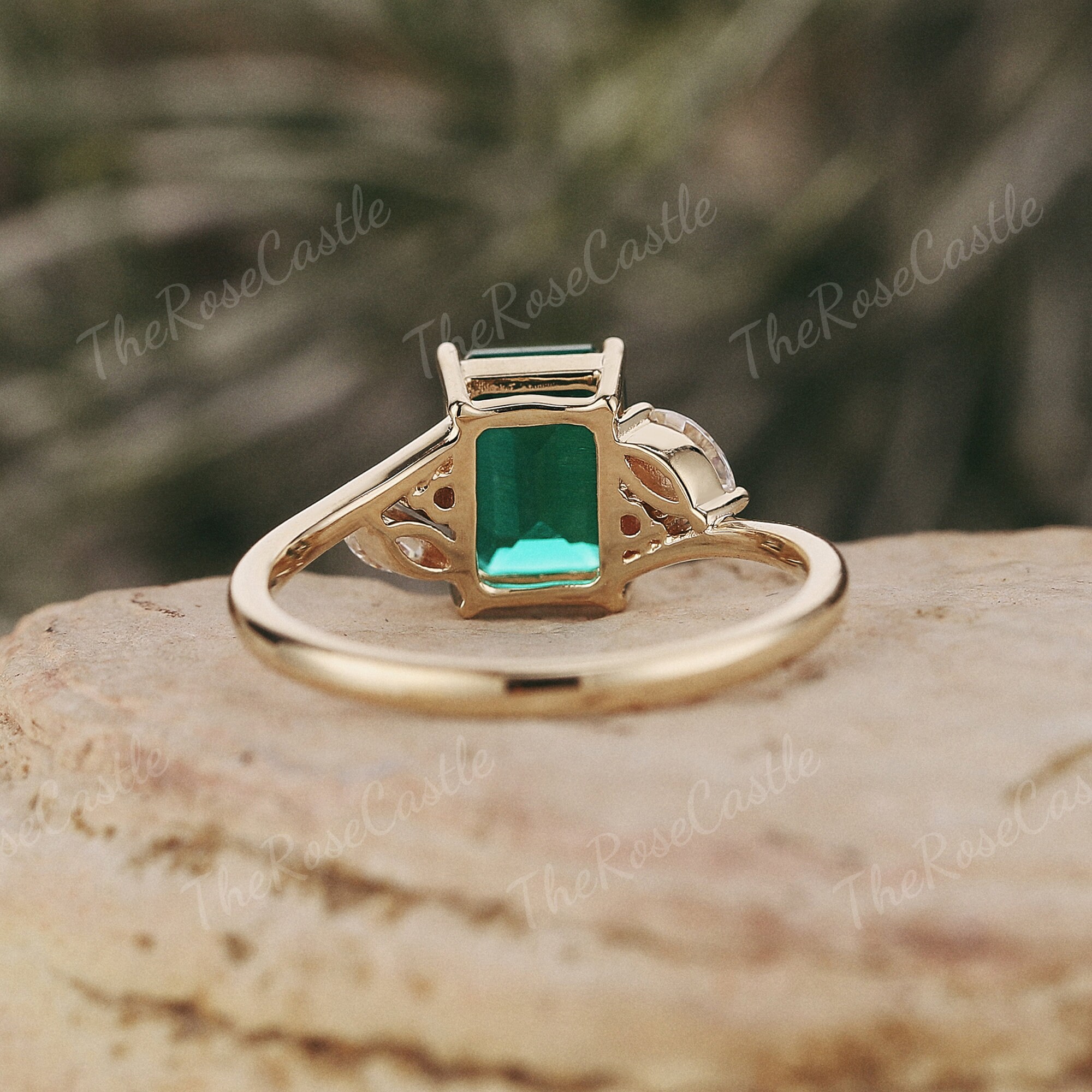 Unique Emerald Cut Emerald Engagement Ring Yellow Gold Moissanite ...