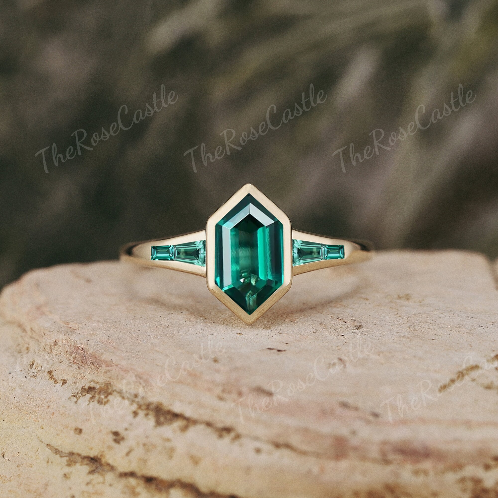 Unique Bezel Emerald Engagement Ring Solid Gold Baguette Emerald ...