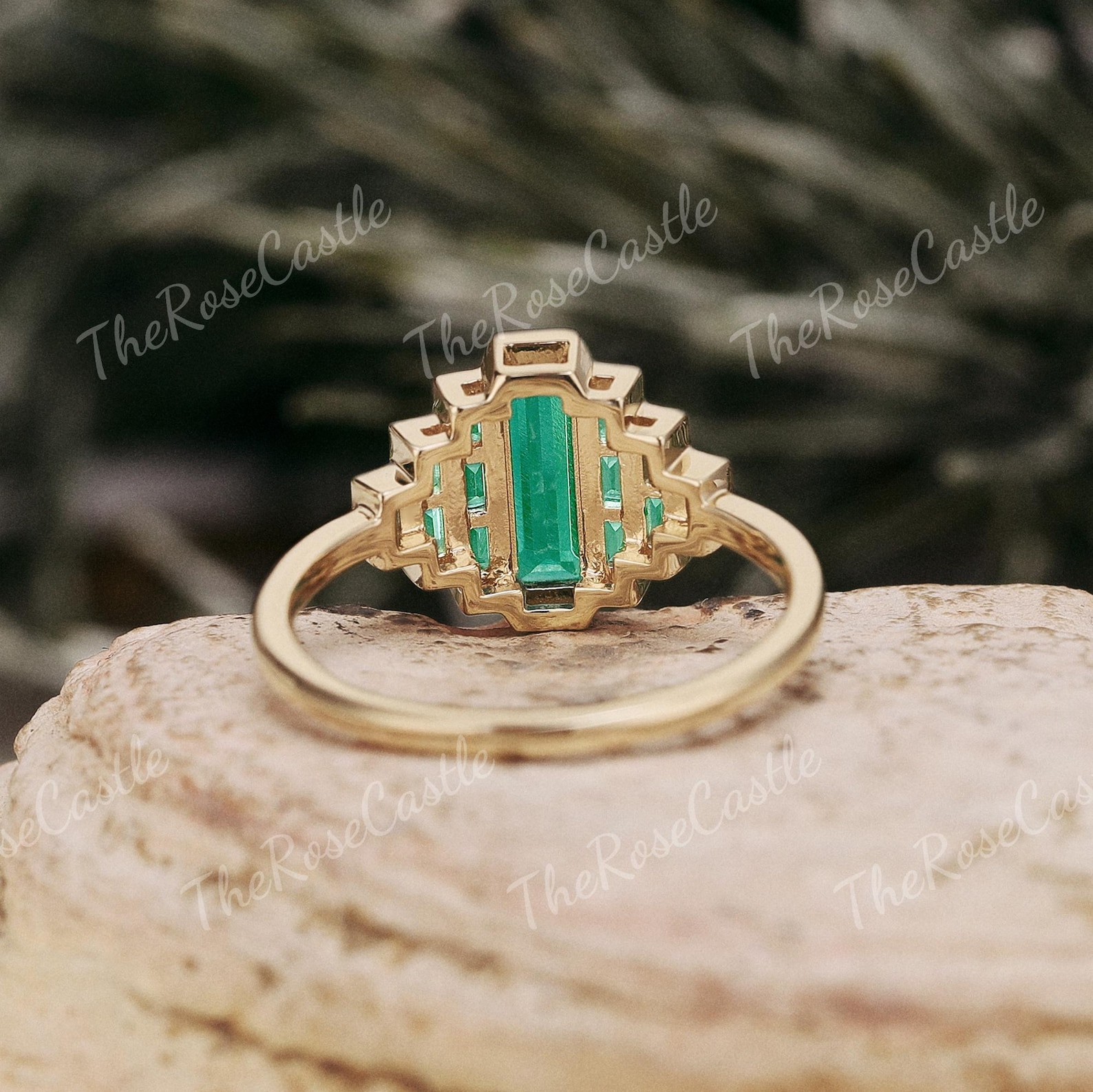 Bezel Setting Emerald Engagement Ring Solid Gold Baguette Cut Emerald ...