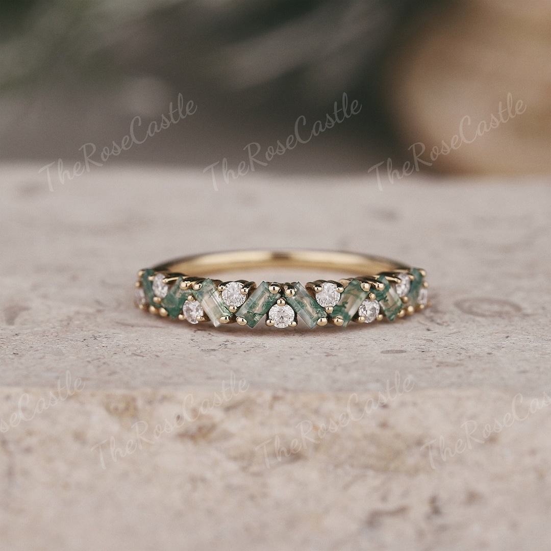 Unique Moss Agate Moissanite Wedding Band Eternity Gold Rings Art Deco ...