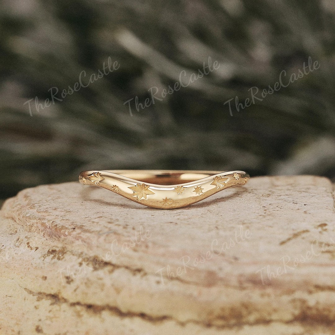 Star Design Curved Wedding Band Solid Gold Stacking Matching Wedding ...