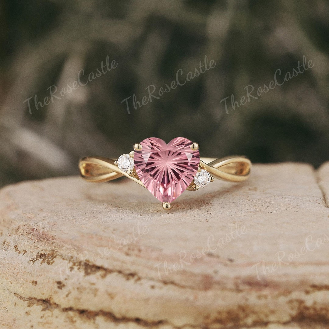 Firework Cut Peach Sapphire Engagement Ring Solid Gold Heart Shape Pink ...