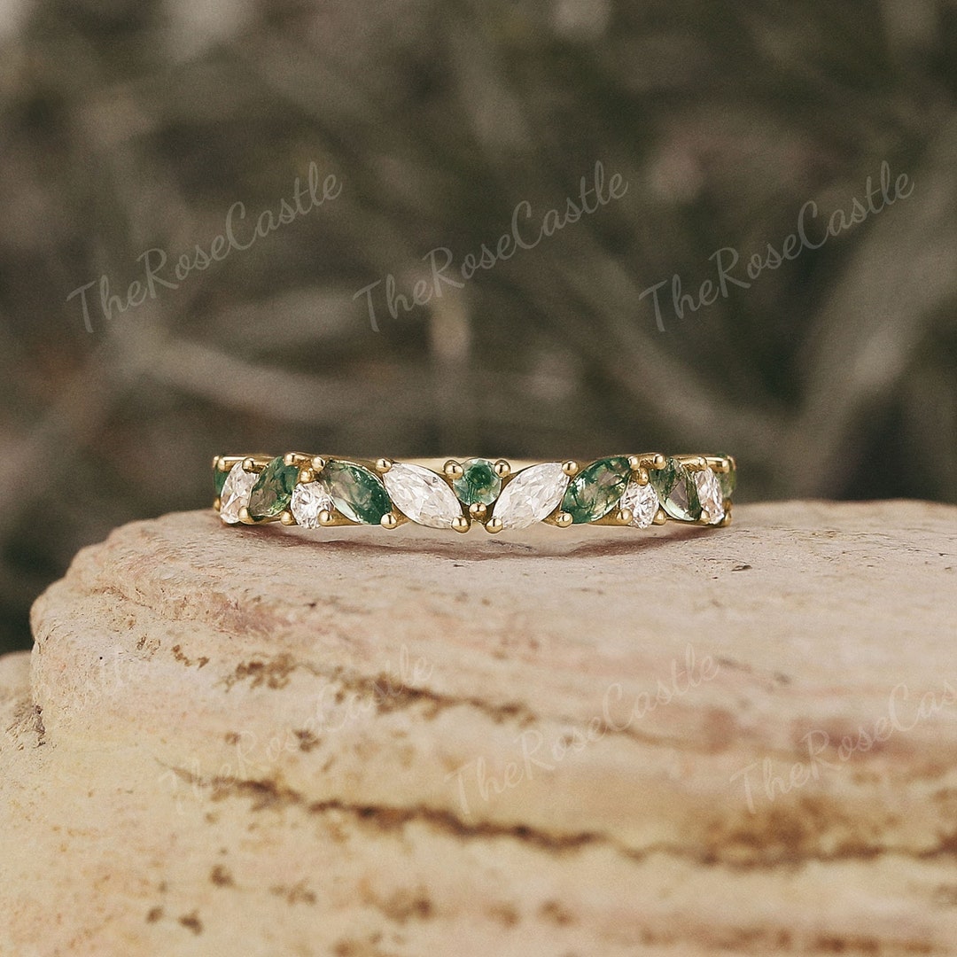 Moss Agate Ring Marquise Cut Moss Agate Wedding Band Half Eternity Gold ...