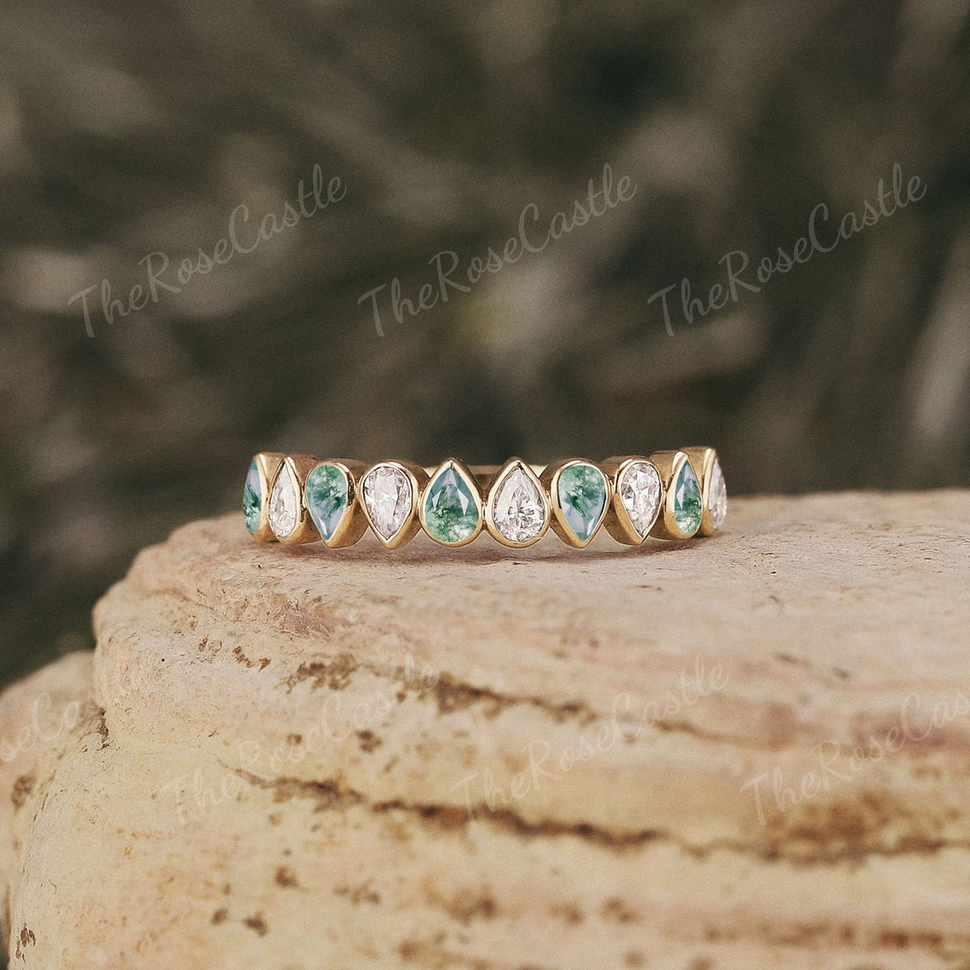 Unique Moss Agate Ring Solid Gold Moss Agate Wedding Band Moissanite ...