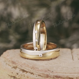 2pcs Two Tone Couple Ring Solid Gold Mens Wedding Band Mixed Metals ...