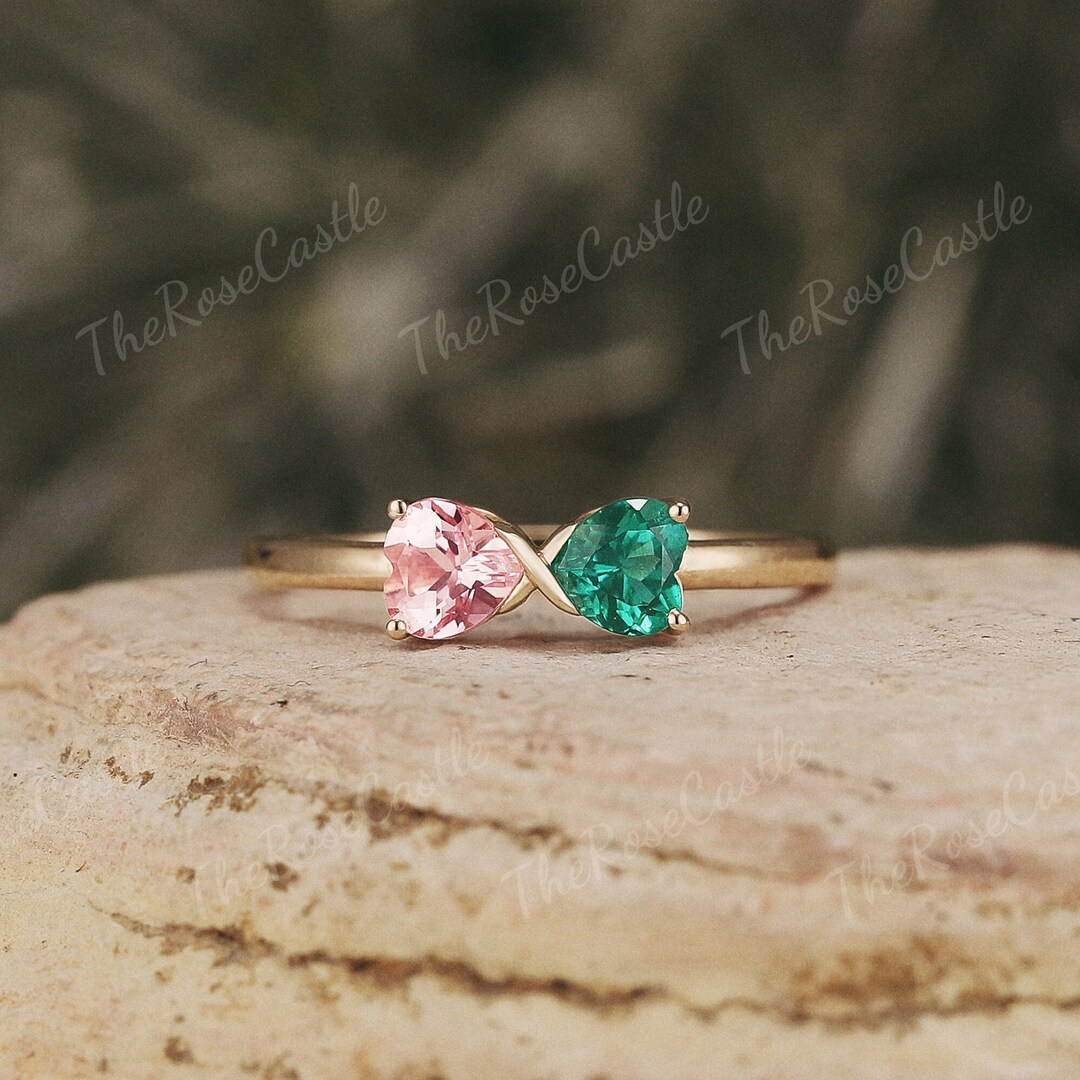 Heart Cut Pink Sapphire Engagement Ring Rose Gold Emerald Wedding Ring ...