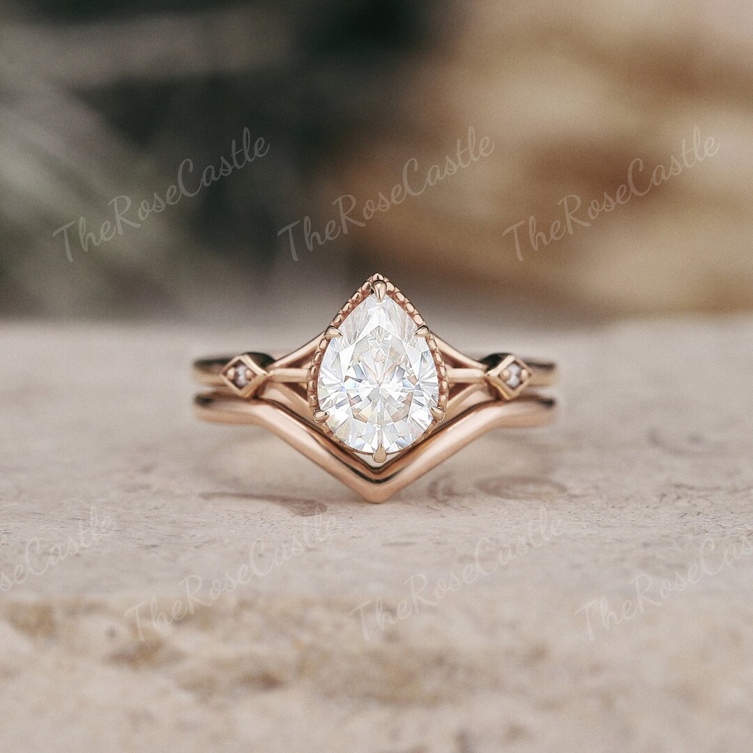 Vintage Moissanite Engagement Ring Set Rose Gold Art Deco Moissanite ...