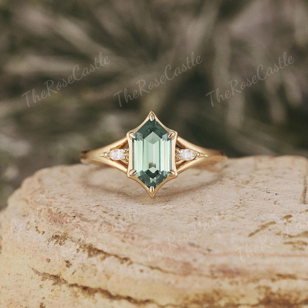 Hexagon Shape Green Sapphire Engagement Ring 14K Solid Yellow Gold ...