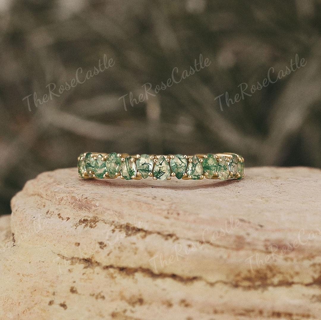 Pear Cut Moss Agate Ring Moss Agate Wedding Band Solid Gold Stacking ...