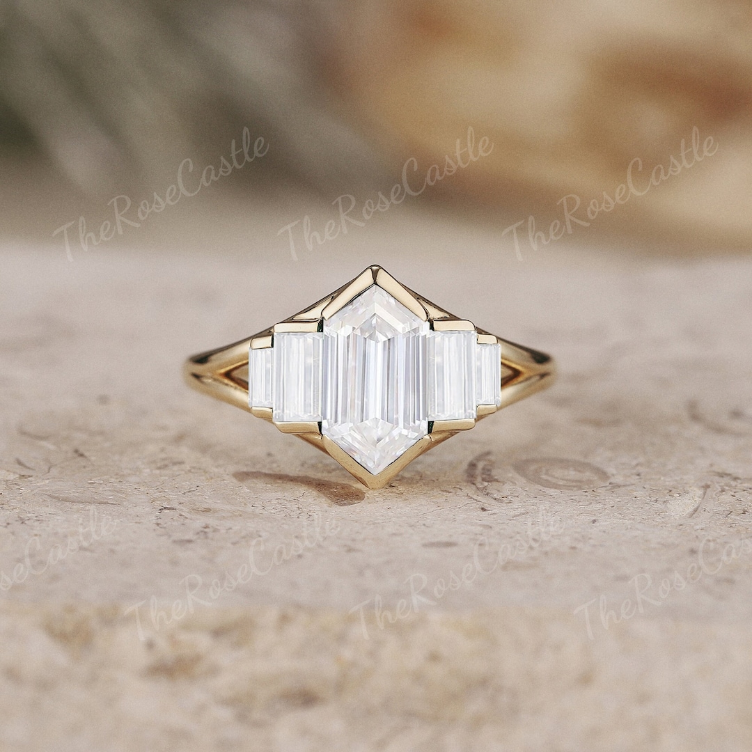 Art Deco Bezel Set Ring Hexagon Cut Moissanite Engagement Ring Yellow ...