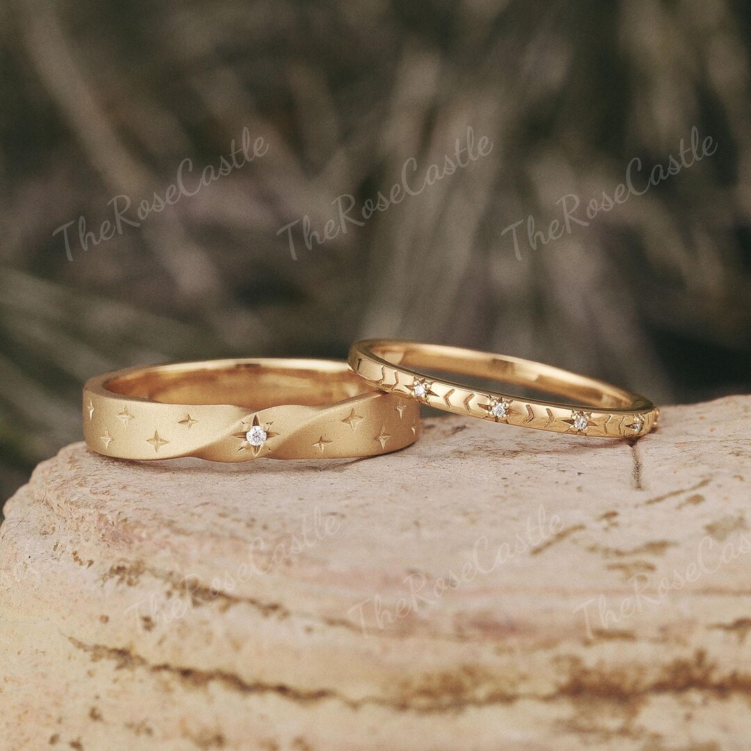 2pcs Star Couple Rings Set Solid Gold Mens Wedding Band Moissanite ...