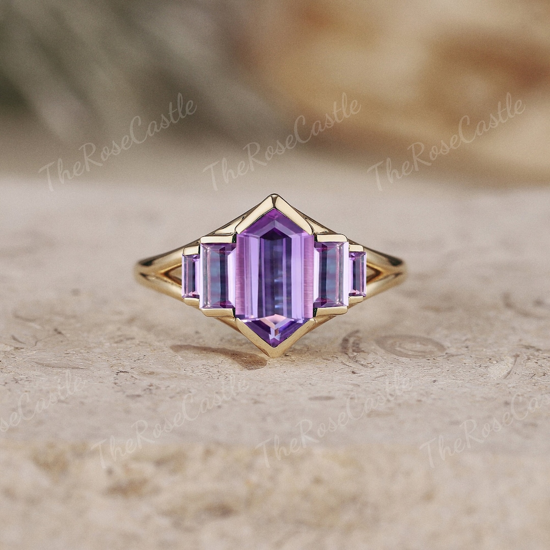 Unique Bezel Set Ring Hexagon Cut Purple Amethyst Engagement Ring Solid ...