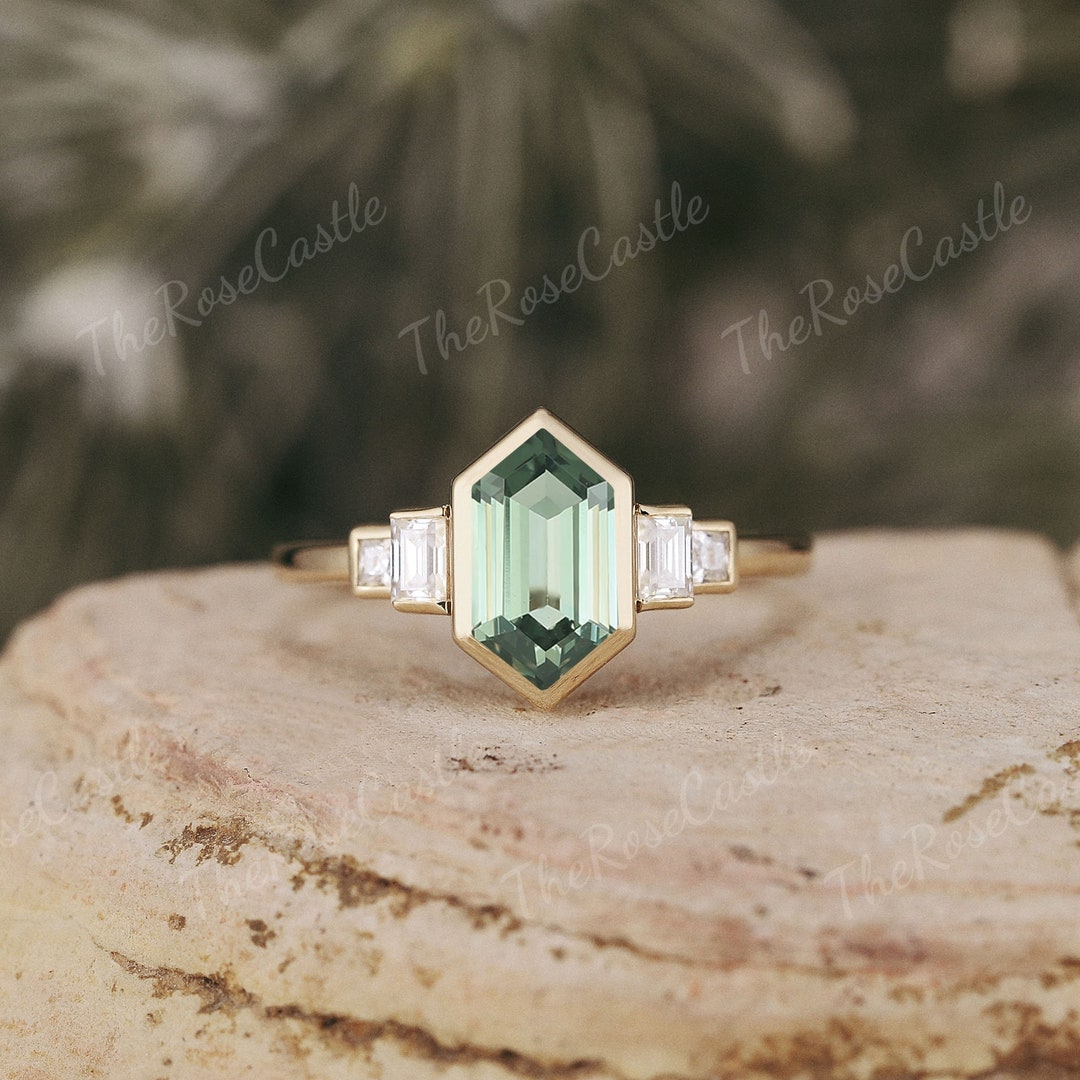 Unique Hexagon Cut Bezel Green Sapphire Engagement Ring Yellow Gold ...