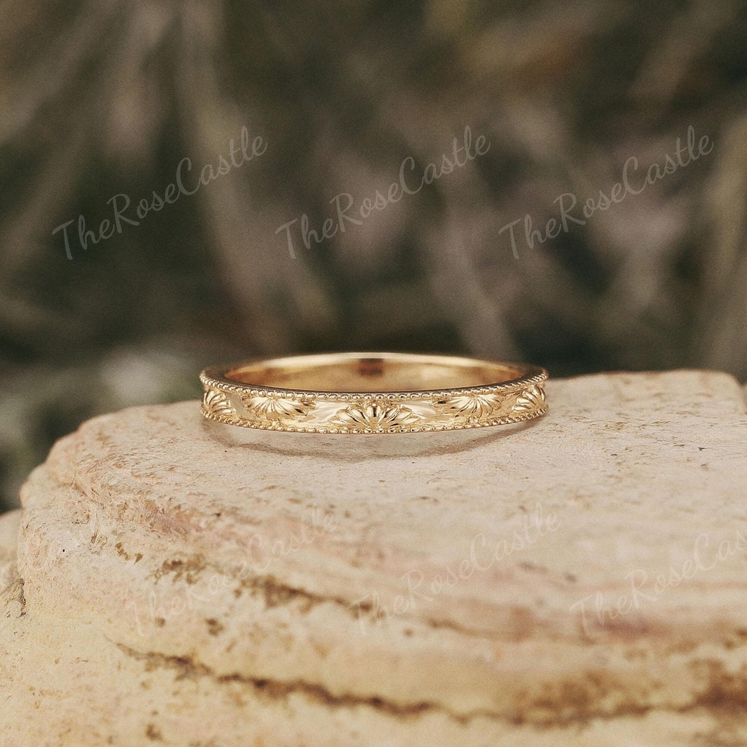 2MM Flower Engraved Wedding Band Solid Gold Flower Wedding Band Band ...