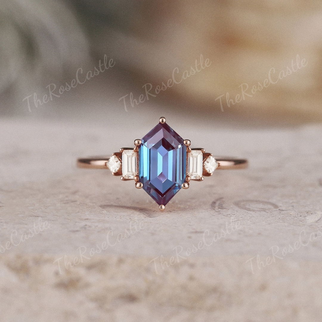 Unique Hexagon Cut Alexandrite Engagement Ring Rose Gold Ring ...