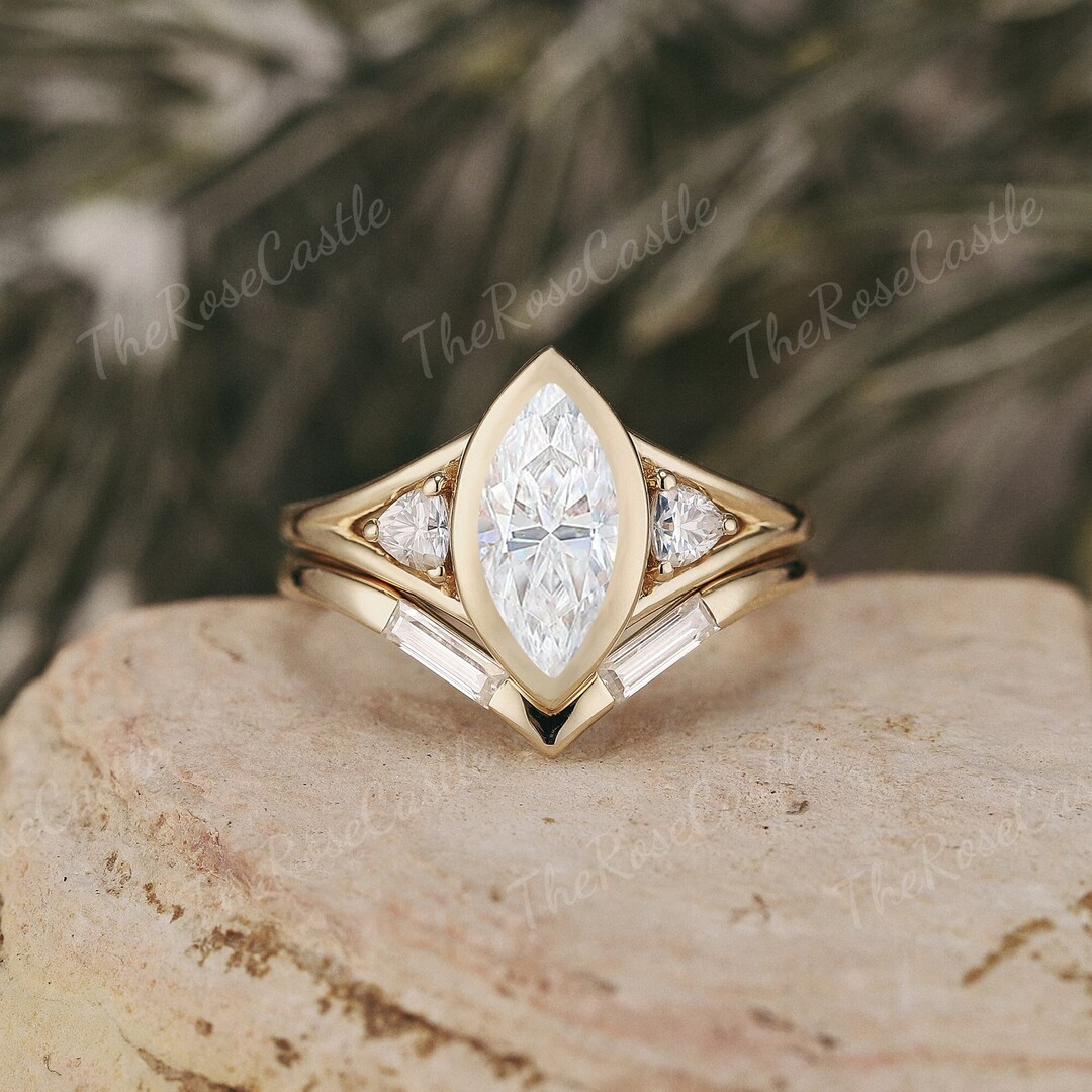 Marquise Cut Bezel Moissanite Engagement Ring Set Solid Gold Baguette ...