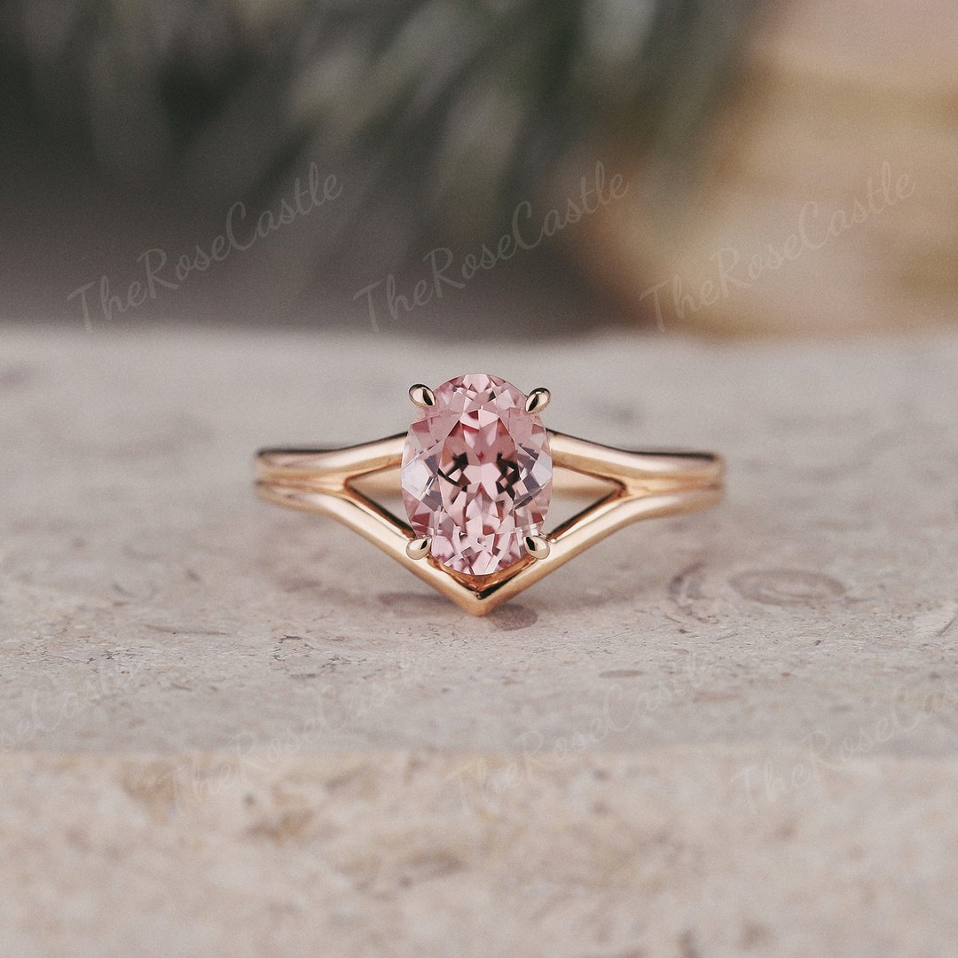 Unique Peach Sapphire Engagement Ring Rose Gold Oval Pink Sapphire Ring ...