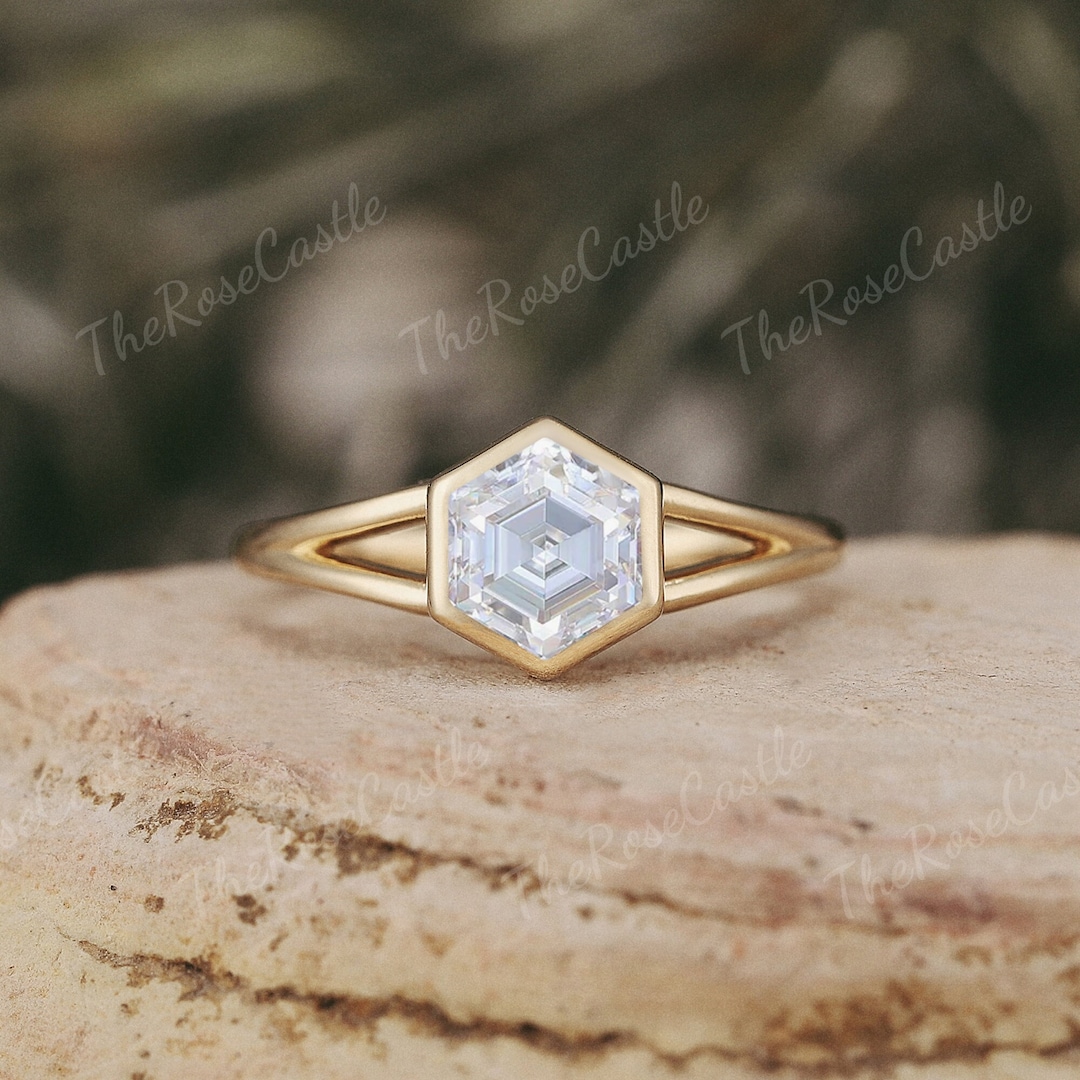 Unique Bezel Hexagon Cut Engagement Ring 14k Solid Gold Moissanite ...