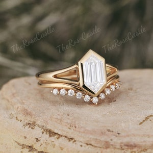 Hexagon Cut Bezel Moissanite Engagement Ring Set Solid Gold Moissanite ...