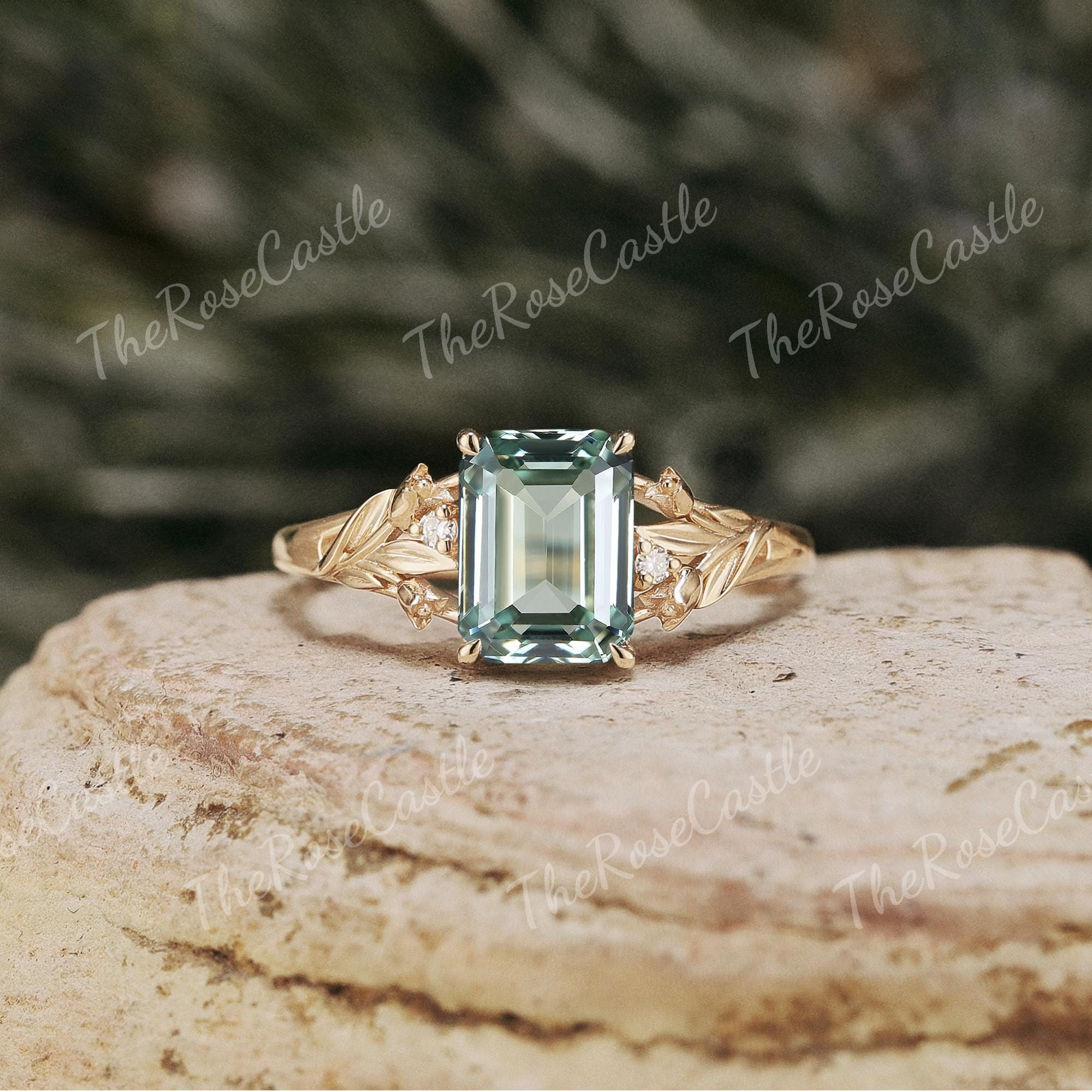 Tulip Design Green Sapphire Engagement Ring Solid Gold Natural Leaf ...