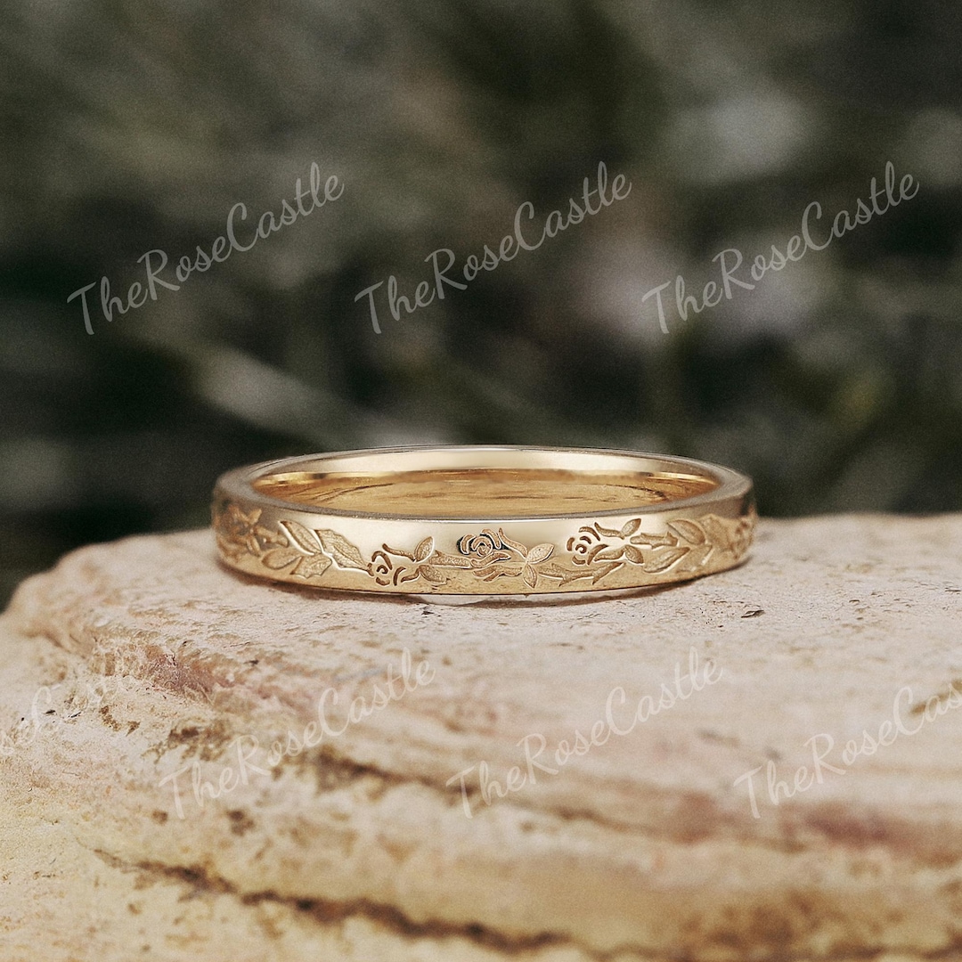 2.5MM Rose Engraving Wedding Band Unique Solid Gold Nature Inspired ...