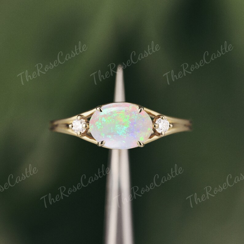 Unique East West Opal Engagement Ring Solid Gold Moissanite Cluster ...
