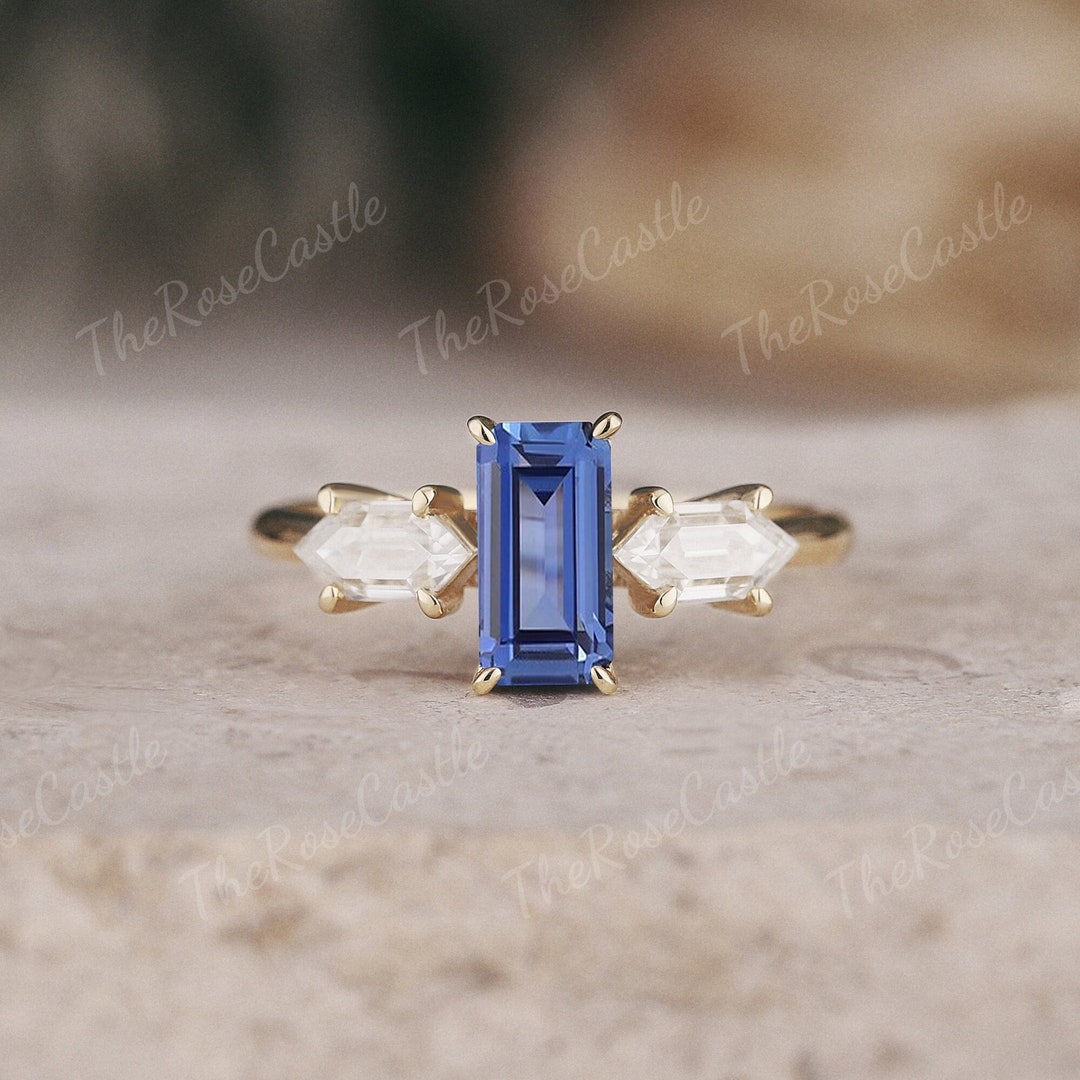 Unique Sapphire Engagement Ring Solid Gold Emerald Cut Ring Art Deco ...