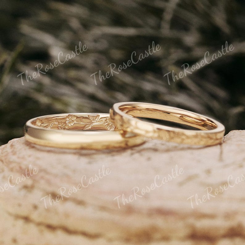 Unique Birth Flower Engraving Wedding Band Set Solid Gold Matching ...