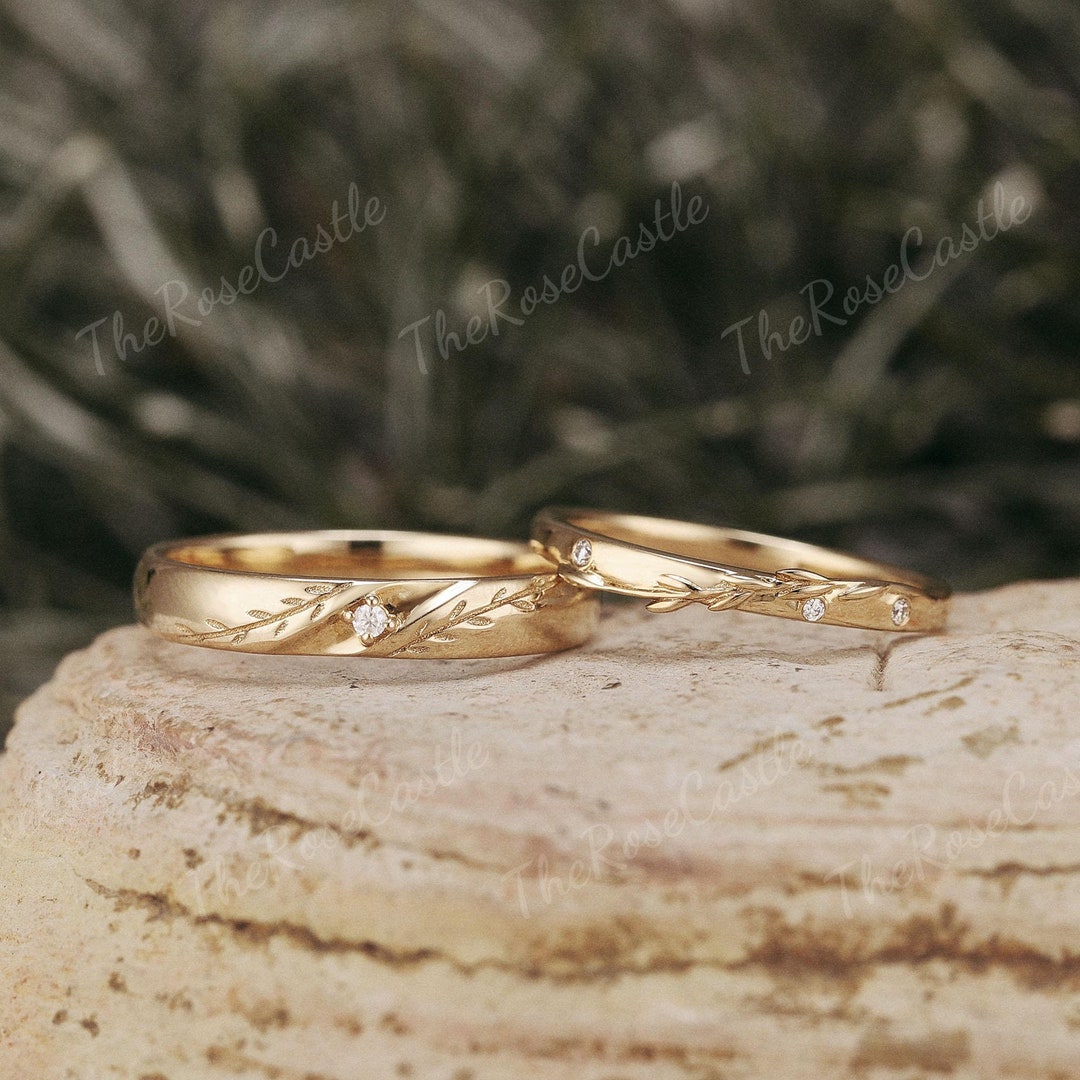 Leaf Couple Ring Set Vintage Solid Gold Plain Wedding Band His and Hers ...