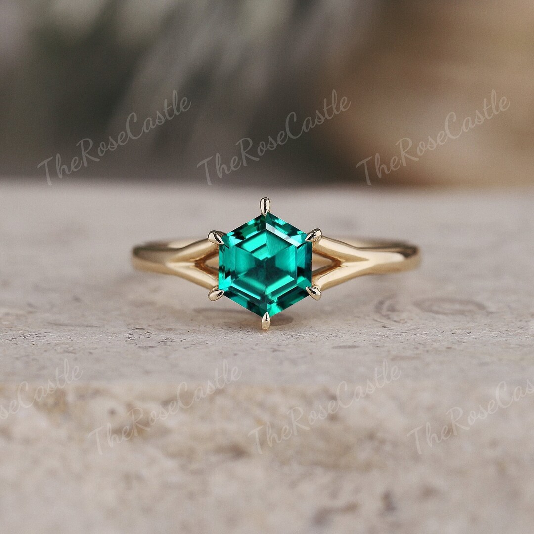 Unique Emerald Engagement Ring Hexagon Cut Emerald Ring Yellow Gold ...