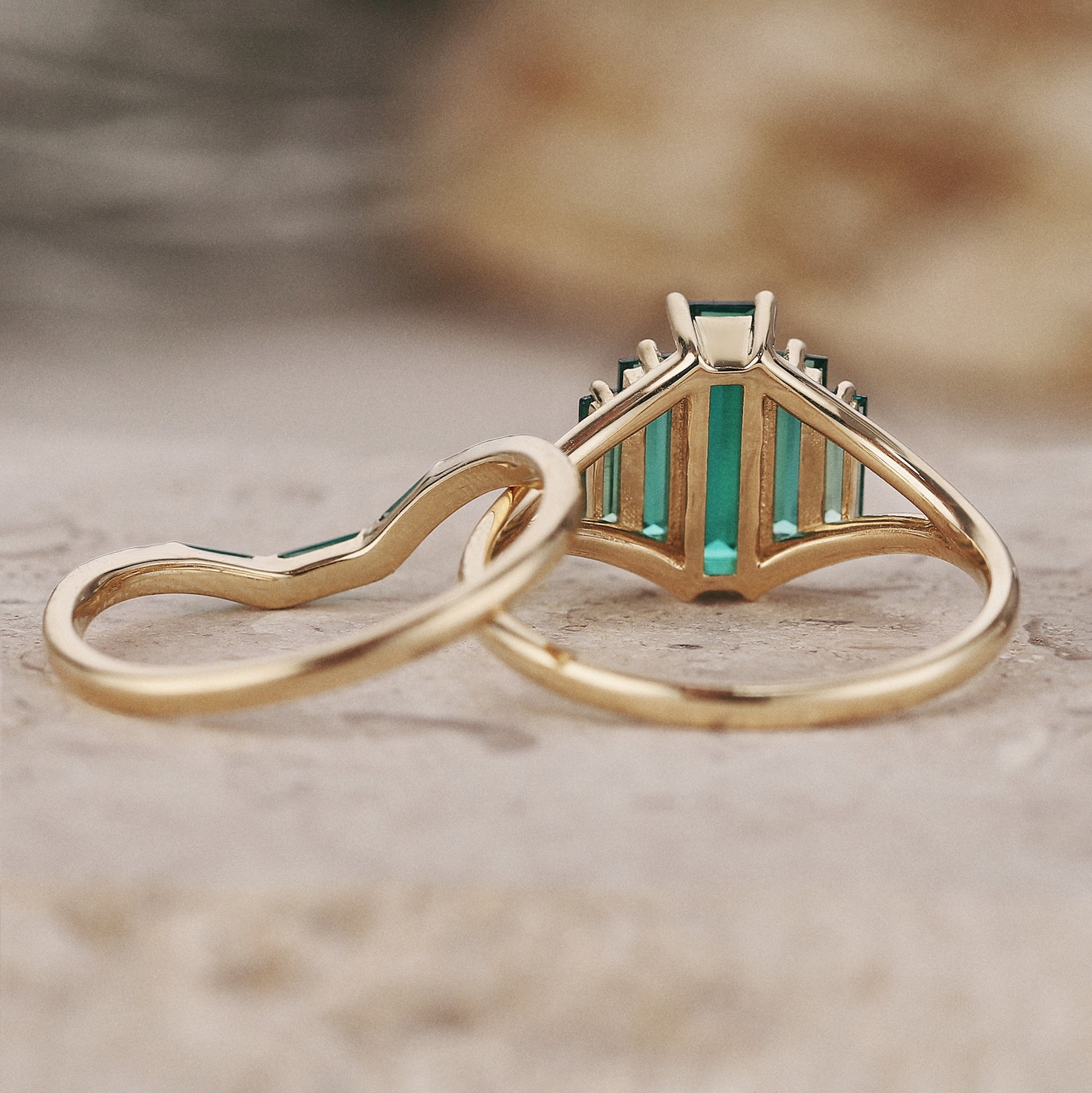 Unique Emerald Engagement Ring Set Art Deco Gold Rings - Etsy