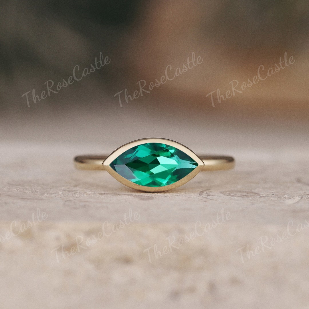 Unique Emerald Engagement Ring Art Deco Minimalist Bezel Ring Marquise ...