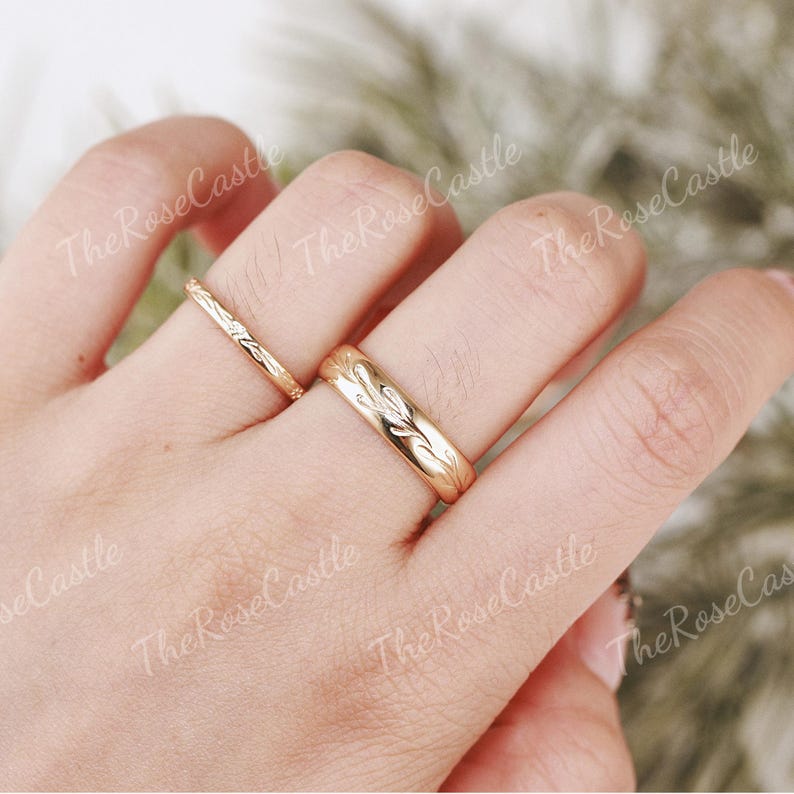 Leaf Engraving Couple Rings Solid Gold 2pcs Nature Inspired Wedding ...