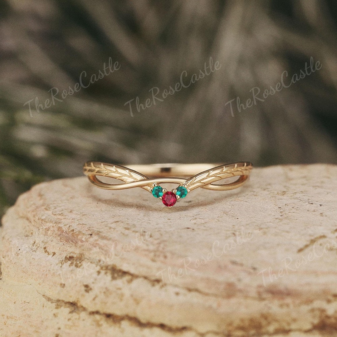 Nature Inspired Leaf Ruby Wedding Band Solid Gold Rings Emerald Curved ...