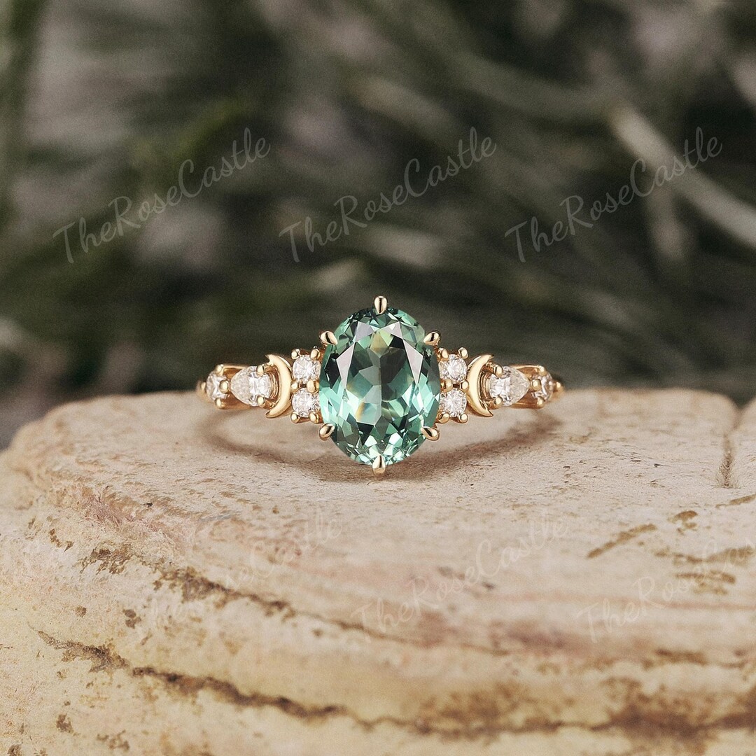 Moon Design Green Sapphire Engagement Ring: Yellow Gold Moissanite Ring ...