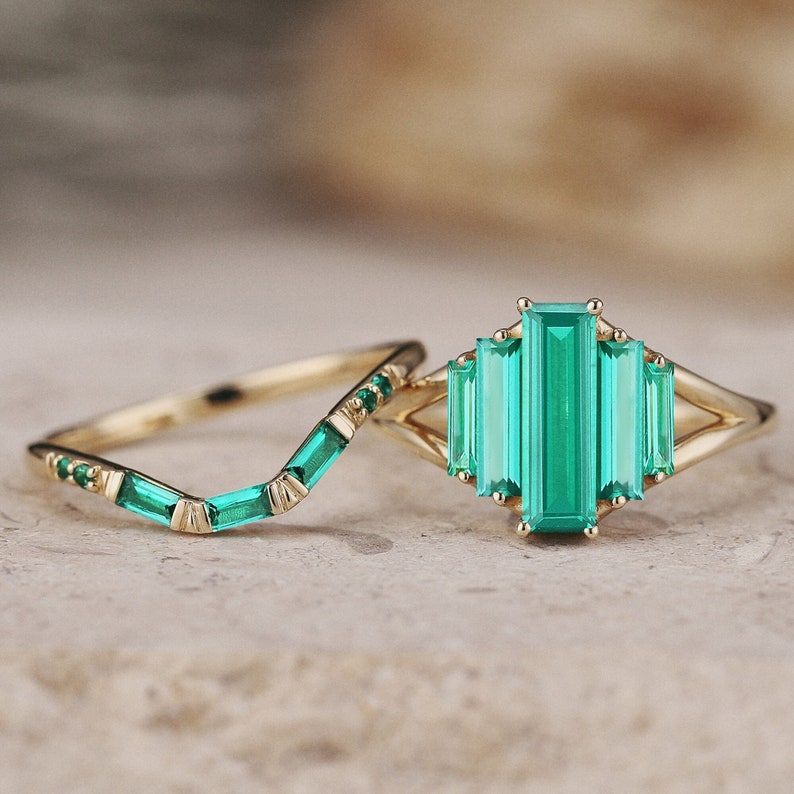 Unique Emerald Engagement Ring Set Art Deco Gold Rings - Etsy