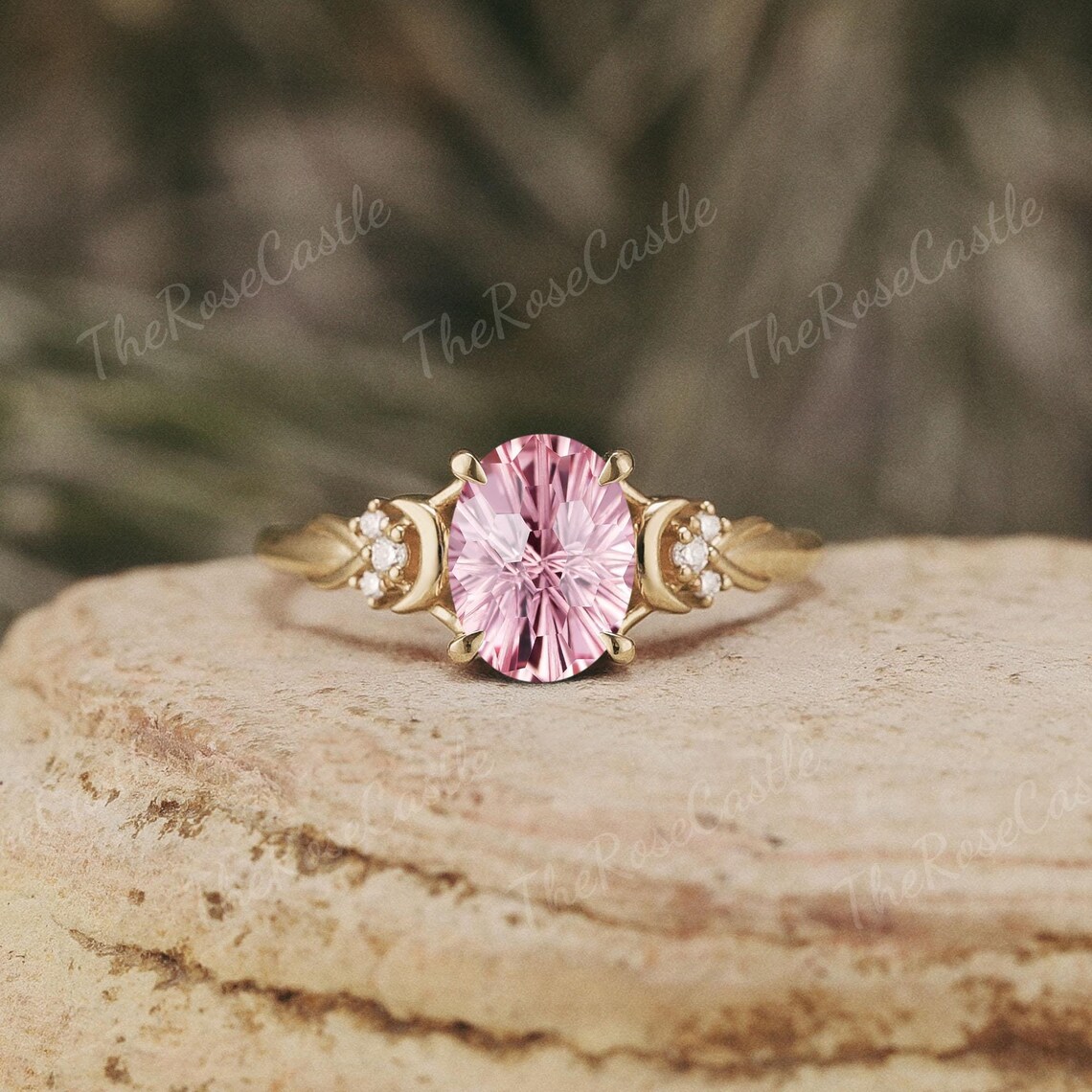 Firework Cut Pink Sapphire Engagement Ring Solid Gold Moon Design Pink ...