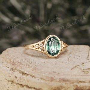 Oval Shape Green Sapphire Engagement Ring Solid Gold Nature Inspire ...