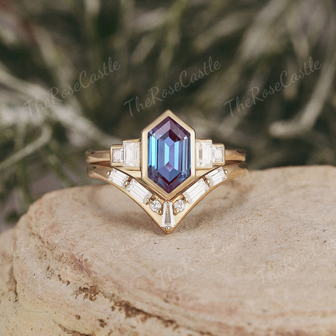 Bezel Alexandrite Engagement Ring Set Solid Gold Hexagon Shape ...