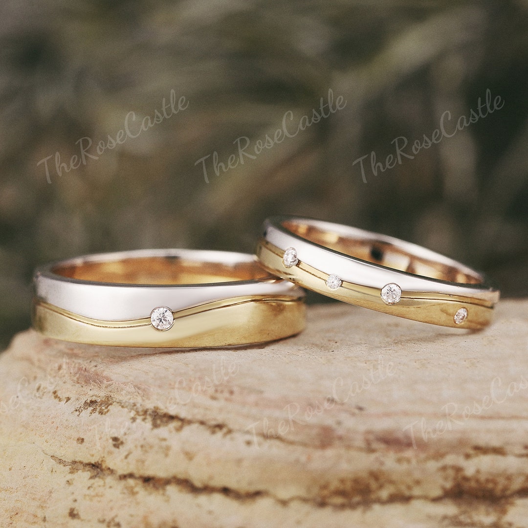 2pcs Two Tone Couple Ring Solid Gold Mens Wedding Band Mixed Metals ...